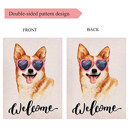 Ogiselestyle Welcome Corgi with Heart Shape Sunglasses Garden Flag Small Vertical Double Sided Decorative House Yard Décor Flag for Outdoor Decoration 12x18 inch