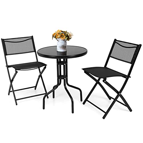 HAPPYGRILL 3 Pieces Bistro Set Round Coffee Table & Folding Chairs Set for Balcony Garden Backyard