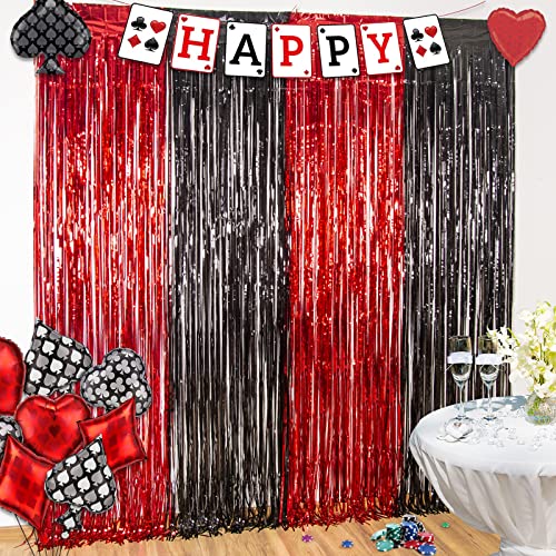 LOLStar 3 Pack Casino Foil Fringe Curtains Casino Theme Party Decorations 3.3 X 6.6 ft Red and Black Photo Booth Prop, Tinsel Streamer Backdrop for Las Vegas Theme Decor