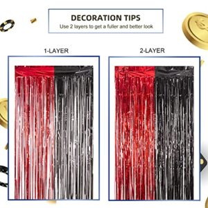 LOLStar 3 Pack Casino Foil Fringe Curtains Casino Theme Party Decorations 3.3 X 6.6 ft Red and Black Photo Booth Prop, Tinsel Streamer Backdrop for Las Vegas Theme Decor