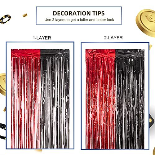 LOLStar 3 Pack Casino Foil Fringe Curtains Casino Theme Party Decorations 3.3 X 6.6 ft Red and Black Photo Booth Prop, Tinsel Streamer Backdrop for Las Vegas Theme Decor