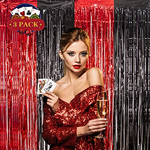 LOLStar 3 Pack Casino Foil Fringe Curtains Casino Theme Party Decorations 3.3 X 6.6 ft Red and Black Photo Booth Prop, Tinsel Streamer Backdrop for Las Vegas Theme Decor