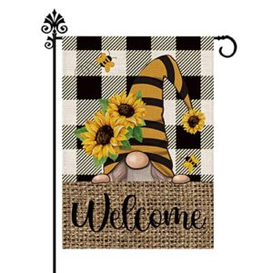 summer garden flag sunflower gnome vertical double sided buffalo plaid welcome flag seasonal farmhouse yard outdoor decoration 12.5 x 18 inch (size for garden-12.5” x 18”)