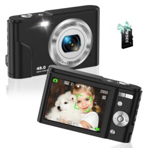 digital camera, upgraded 48mp autofocus fhd 1080p small digital camera for kids video camera with 32gb sd card 16x digital zoom, compact point and shoot vlogging camera for teens students adult