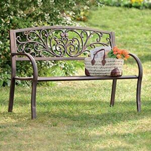 Blooming Patio Garden Bench Park Yard Outdoor Furniture, Iron Metal Frame, Elegant Bronze Finish, Sturdy Durable Construction, Scrollwork Design, Easy Assembly 50 L x 17 1/2 W x 34 1/2 H