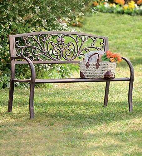 Blooming Patio Garden Bench Park Yard Outdoor Furniture, Iron Metal Frame, Elegant Bronze Finish, Sturdy Durable Construction, Scrollwork Design, Easy Assembly 50 L x 17 1/2 W x 34 1/2 H