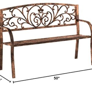 Blooming Patio Garden Bench Park Yard Outdoor Furniture, Iron Metal Frame, Elegant Bronze Finish, Sturdy Durable Construction, Scrollwork Design, Easy Assembly 50 L x 17 1/2 W x 34 1/2 H