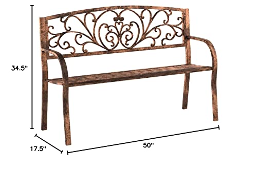 Blooming Patio Garden Bench Park Yard Outdoor Furniture, Iron Metal Frame, Elegant Bronze Finish, Sturdy Durable Construction, Scrollwork Design, Easy Assembly 50 L x 17 1/2 W x 34 1/2 H