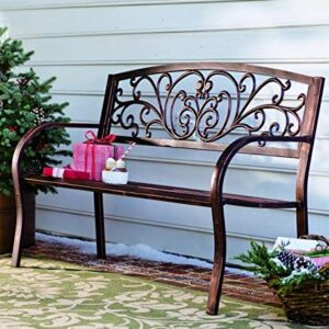 Blooming Patio Garden Bench Park Yard Outdoor Furniture, Iron Metal Frame, Elegant Bronze Finish, Sturdy Durable Construction, Scrollwork Design, Easy Assembly 50 L x 17 1/2 W x 34 1/2 H