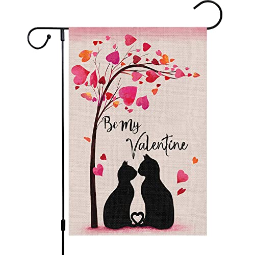 Happy Valentine's Day Garden Flag 12x18 Double Sided Vertical, Burlap Small Be My Valentines Black Cat Couple Heart Yard Flag Banner Sign for Wedding Valentines House Outdoor Decoration (ONLY FLAG)