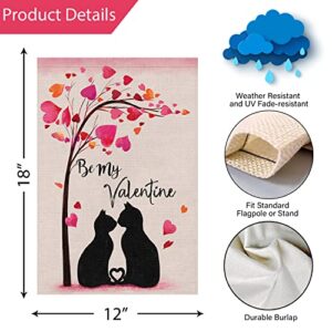 Happy Valentine's Day Garden Flag 12x18 Double Sided Vertical, Burlap Small Be My Valentines Black Cat Couple Heart Yard Flag Banner Sign for Wedding Valentines House Outdoor Decoration (ONLY FLAG)