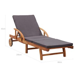 Folding Sun Lounger with Gray Cushion | Foldable Chaise Lounge with Wheels | Adjustable Outside Patio Sunlounger | Outdoor Wooden Garden Lounge Chair | Weather Resistant Brown Solid Acacia Wood