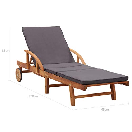 Folding Sun Lounger with Gray Cushion | Foldable Chaise Lounge with Wheels | Adjustable Outside Patio Sunlounger | Outdoor Wooden Garden Lounge Chair | Weather Resistant Brown Solid Acacia Wood