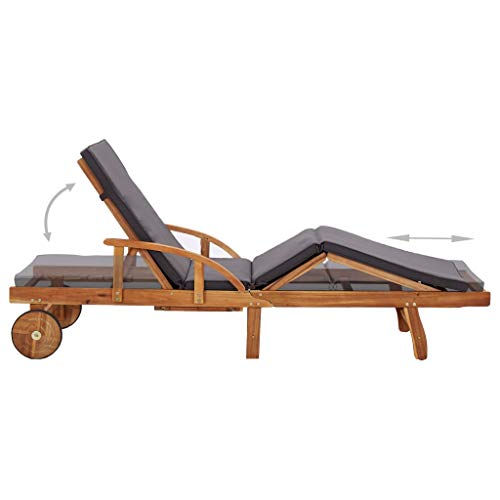 Folding Sun Lounger with Gray Cushion | Foldable Chaise Lounge with Wheels | Adjustable Outside Patio Sunlounger | Outdoor Wooden Garden Lounge Chair | Weather Resistant Brown Solid Acacia Wood