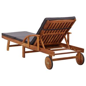 Folding Sun Lounger with Gray Cushion | Foldable Chaise Lounge with Wheels | Adjustable Outside Patio Sunlounger | Outdoor Wooden Garden Lounge Chair | Weather Resistant Brown Solid Acacia Wood