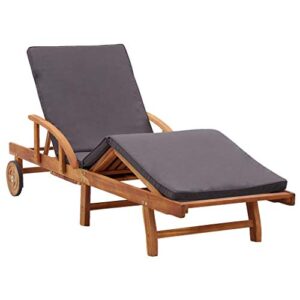 Folding Sun Lounger with Gray Cushion | Foldable Chaise Lounge with Wheels | Adjustable Outside Patio Sunlounger | Outdoor Wooden Garden Lounge Chair | Weather Resistant Brown Solid Acacia Wood