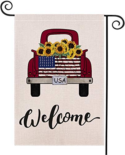 LHSION Welcome Red Truck Garden Flag 12.5 x 18 Inch Sunflowers Decorative Double Sided Burlap Flag for Summer Fall Decoration