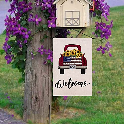 LHSION Welcome Red Truck Garden Flag 12.5 x 18 Inch Sunflowers Decorative Double Sided Burlap Flag for Summer Fall Decoration