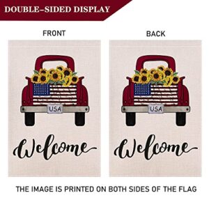 LHSION Welcome Red Truck Garden Flag 12.5 x 18 Inch Sunflowers Decorative Double Sided Burlap Flag for Summer Fall Decoration