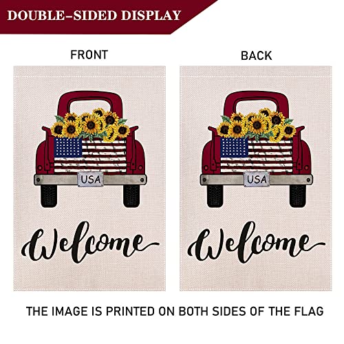 LHSION Welcome Red Truck Garden Flag 12.5 x 18 Inch Sunflowers Decorative Double Sided Burlap Flag for Summer Fall Decoration