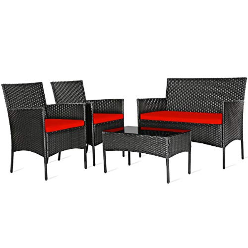 HAPPYGRILL 4pcs Patio Furniture Set Rattan Wicker Conversation Set with Tempered Glass Top Table, Outdoor Wicker Sofa Set with Removable Cushions for Poolside Garden Backyard