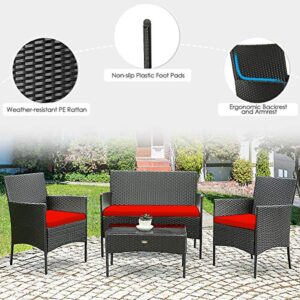 HAPPYGRILL 4pcs Patio Furniture Set Rattan Wicker Conversation Set with Tempered Glass Top Table, Outdoor Wicker Sofa Set with Removable Cushions for Poolside Garden Backyard