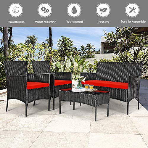 HAPPYGRILL 4pcs Patio Furniture Set Rattan Wicker Conversation Set with Tempered Glass Top Table, Outdoor Wicker Sofa Set with Removable Cushions for Poolside Garden Backyard