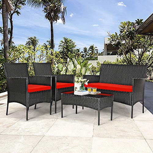 HAPPYGRILL 4pcs Patio Furniture Set Rattan Wicker Conversation Set with Tempered Glass Top Table, Outdoor Wicker Sofa Set with Removable Cushions for Poolside Garden Backyard