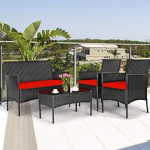 HAPPYGRILL 4pcs Patio Furniture Set Rattan Wicker Conversation Set with Tempered Glass Top Table, Outdoor Wicker Sofa Set with Removable Cushions for Poolside Garden Backyard