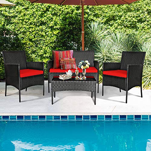 HAPPYGRILL 4pcs Patio Furniture Set Rattan Wicker Conversation Set with Tempered Glass Top Table, Outdoor Wicker Sofa Set with Removable Cushions for Poolside Garden Backyard