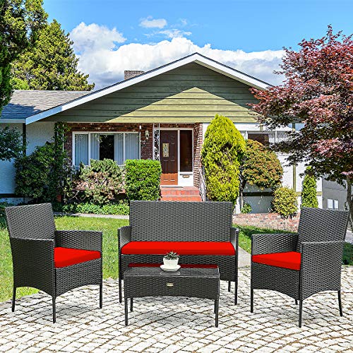 HAPPYGRILL 4pcs Patio Furniture Set Rattan Wicker Conversation Set with Tempered Glass Top Table, Outdoor Wicker Sofa Set with Removable Cushions for Poolside Garden Backyard