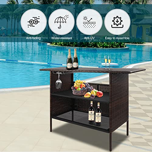 ALBOMI Large 3-in-1 Outdoor Rattan Bar Table with 2 Sets of Rails & 2 Storage Shelves, Heavy-Duty 54'' Bar Counter Table for Outside Backyard Poolside Garden, Brown