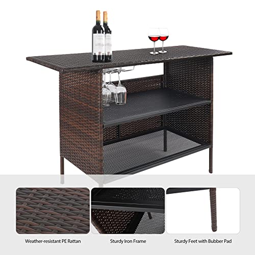 ALBOMI Large 3-in-1 Outdoor Rattan Bar Table with 2 Sets of Rails & 2 Storage Shelves, Heavy-Duty 54'' Bar Counter Table for Outside Backyard Poolside Garden, Brown