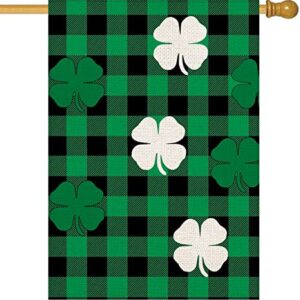 Fukeen St Patricks Day Green Black Buffalo Plaids House Flag 28x40 Inch Ireland Lucky Clover Shamrock Blessed Spring Farmhouse Holiday Decorations Small Yard Flags Garden Double Sided Outside