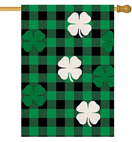 Fukeen St Patricks Day Green Black Buffalo Plaids House Flag 28x40 Inch Ireland Lucky Clover Shamrock Blessed Spring Farmhouse Holiday Decorations Small Yard Flags Garden Double Sided Outside