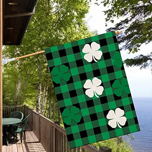 Fukeen St Patricks Day Green Black Buffalo Plaids House Flag 28x40 Inch Ireland Lucky Clover Shamrock Blessed Spring Farmhouse Holiday Decorations Small Yard Flags Garden Double Sided Outside