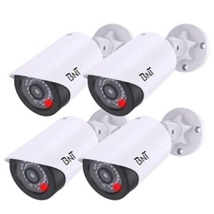 bnt dummy fake security camera, with one red led light at night, for home and businesses security indoor/outdoor (4 pack, white)