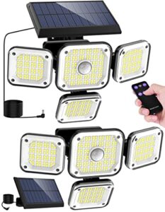 solar outdoor lights motion sensor, 292 led solar flood lights w/remote control, 4 heads solar panel powered security lights ip65 waterproof, wired solar wall lights for garage yard shed garden