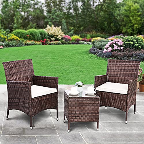 Polar Aurora 3pcs Patio Bistro Set Outdoor Armchairs PE Rattan Wicker Furniture 3 Piece Conversation Set Garden Table and Chairs with Washable Cushions