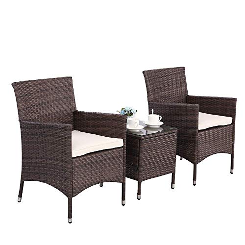 Polar Aurora 3pcs Patio Bistro Set Outdoor Armchairs PE Rattan Wicker Furniture 3 Piece Conversation Set Garden Table and Chairs with Washable Cushions