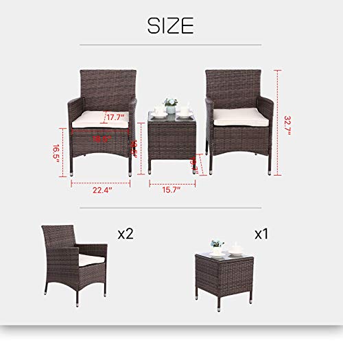 Polar Aurora 3pcs Patio Bistro Set Outdoor Armchairs PE Rattan Wicker Furniture 3 Piece Conversation Set Garden Table and Chairs with Washable Cushions