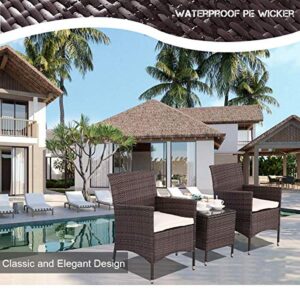 Polar Aurora 3pcs Patio Bistro Set Outdoor Armchairs PE Rattan Wicker Furniture 3 Piece Conversation Set Garden Table and Chairs with Washable Cushions