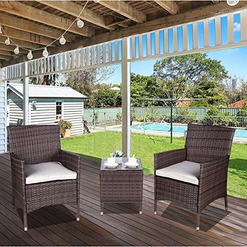 Polar Aurora 3pcs Patio Bistro Set Outdoor Armchairs PE Rattan Wicker Furniture 3 Piece Conversation Set Garden Table and Chairs with Washable Cushions