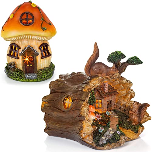 VP Home Tree Trunk Fairy House Solar Powered LED Outdoor Decor Garden Light & Mushroom Fairy House Solar Powered Outdoor Decor LED Garden Light