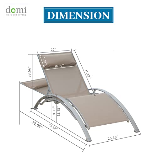 Domi Lounge Chair Set of 2, Aluminum Lounge Chairs for Outside with 5 Adjustable Positions, Chaise Lounge Outdoor for Pool, Garden, Beach, Camping, Backyard (Khaki)