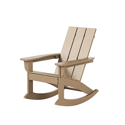 WestinTrends Ashore Patio Rocking Chair, All Weather Poly Lumber Plank Adirondack Rocker Chair, Modern Farmhouse Outdoor Rocking Chairs for Porch Garden Backyard and Indoor, Weathered Wood