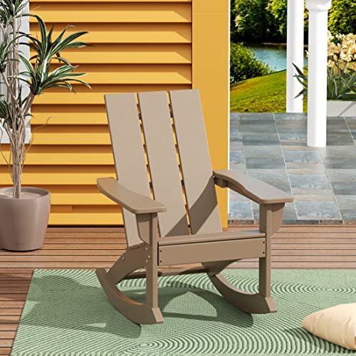 WestinTrends Ashore Patio Rocking Chair, All Weather Poly Lumber Plank Adirondack Rocker Chair, Modern Farmhouse Outdoor Rocking Chairs for Porch Garden Backyard and Indoor, Weathered Wood