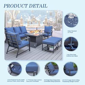 RADIATA 8 Piece High Back Aluminum Patio Furniture with Fire Pit Conversation Set with 43" Propane Fire Pit Table CSA Approved Outdoor Modern Luxury Sofa Set (Blue)