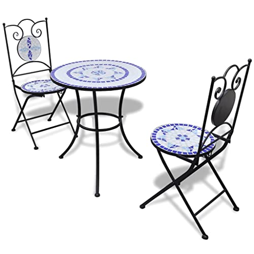 vidaXL Bistro Table 23.6" Mosaic with 2 Chairs Blue and White Chair Furniture