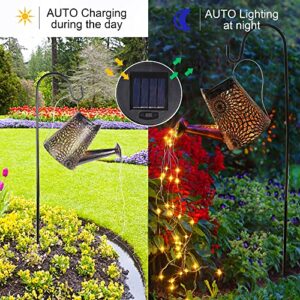 Glintoper 2 Pack Outdoor Solar Watering Can Garden Lights, Metal Waterfall Figurine Lights with Shepherd Hook, Decorative Yard Art for Mom, Mothers Day Ideal Gifts, for Patio Walkway Pathway Lawn